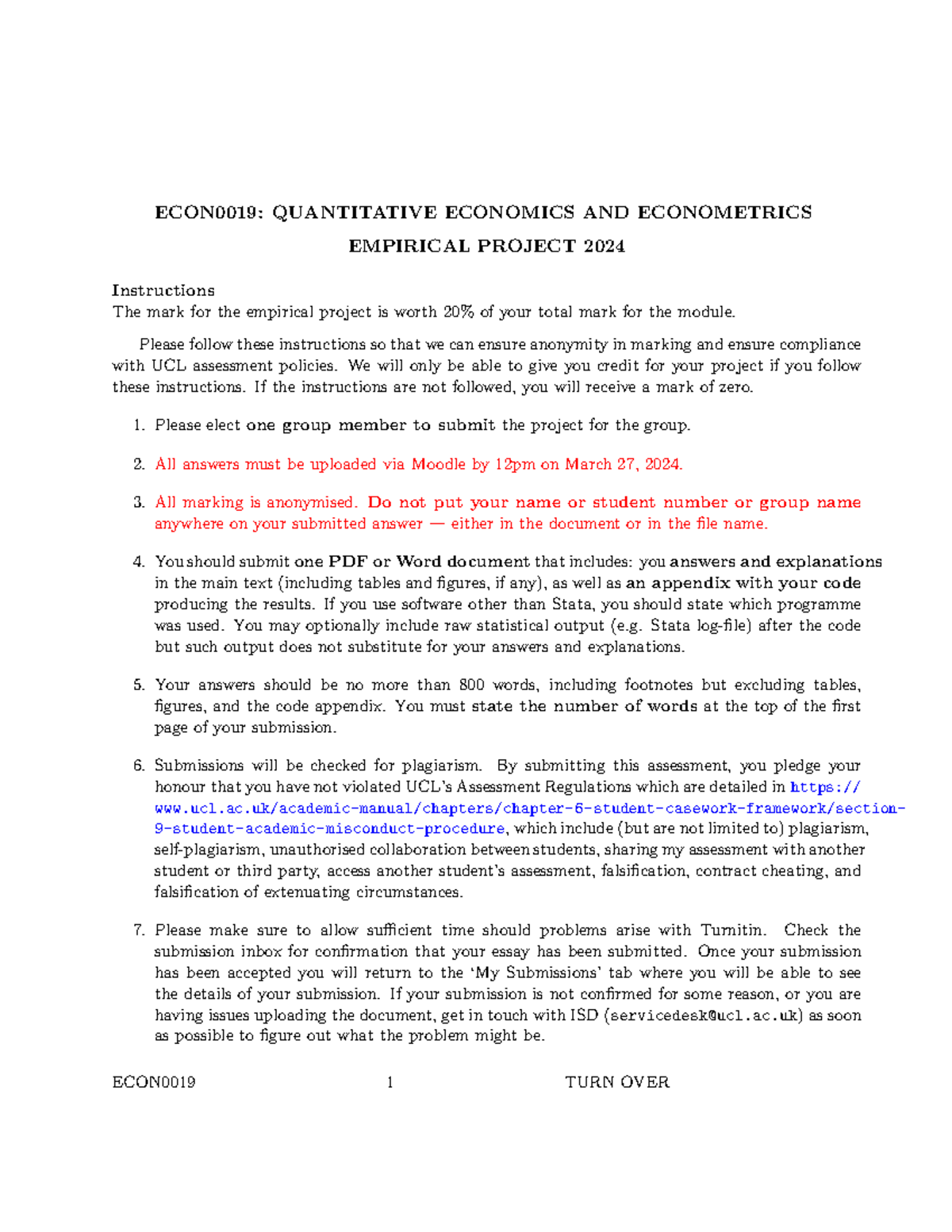 Empirical Project - ECON0019: QUANTITATIVE ECONOMICS AND ECONOMETRICS ...