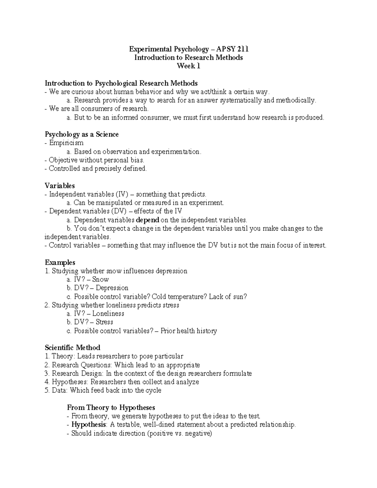 Week 1 Notes - Experimental Psychology – APSY 211 Introduction to ...