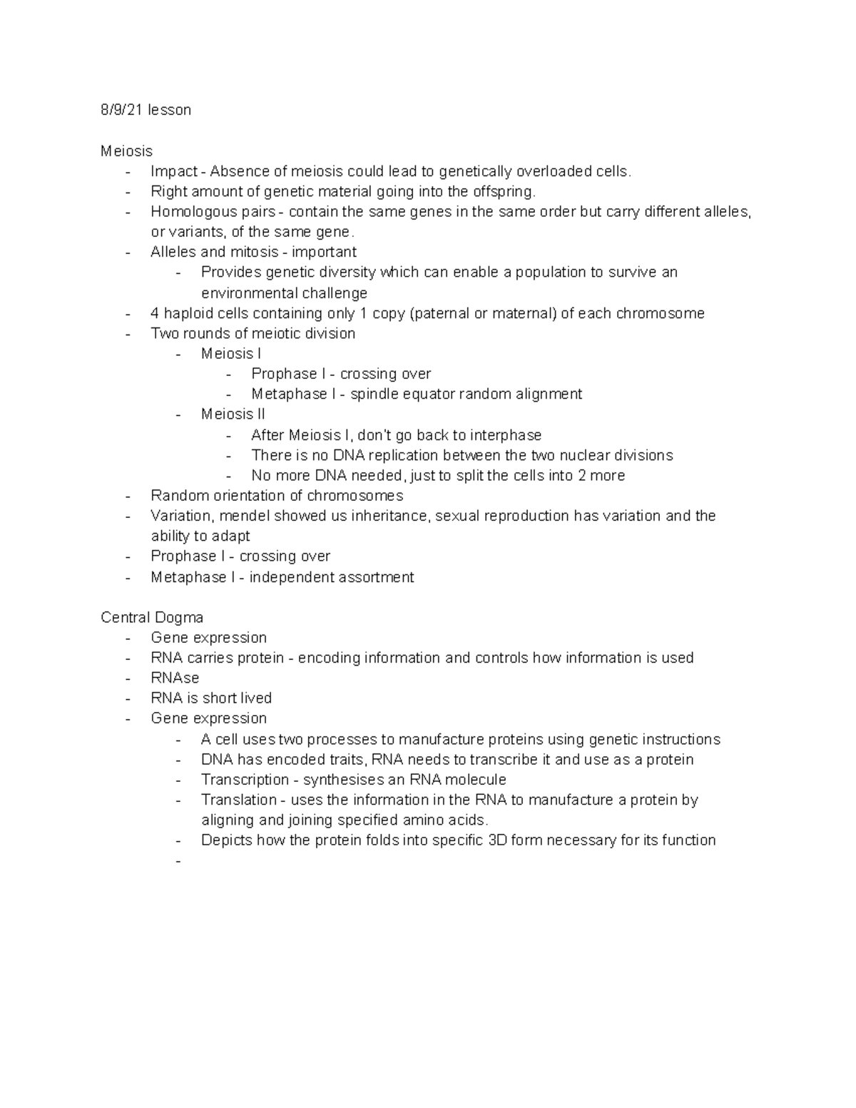 Notes from Hereditary and Human Affairs - 8/9/21 lesson Meiosis ...
