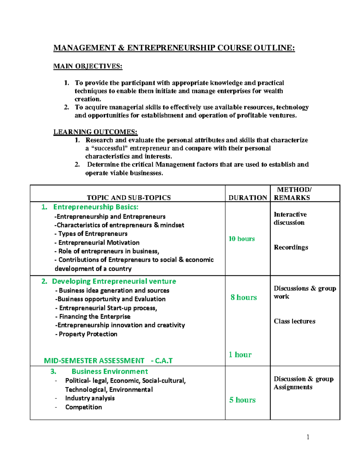 Management AND EP Course Outline revised - 1 MANAGEMENT & ENTREPRENEURSHIP COURSE OUTLINE: MAIN ...