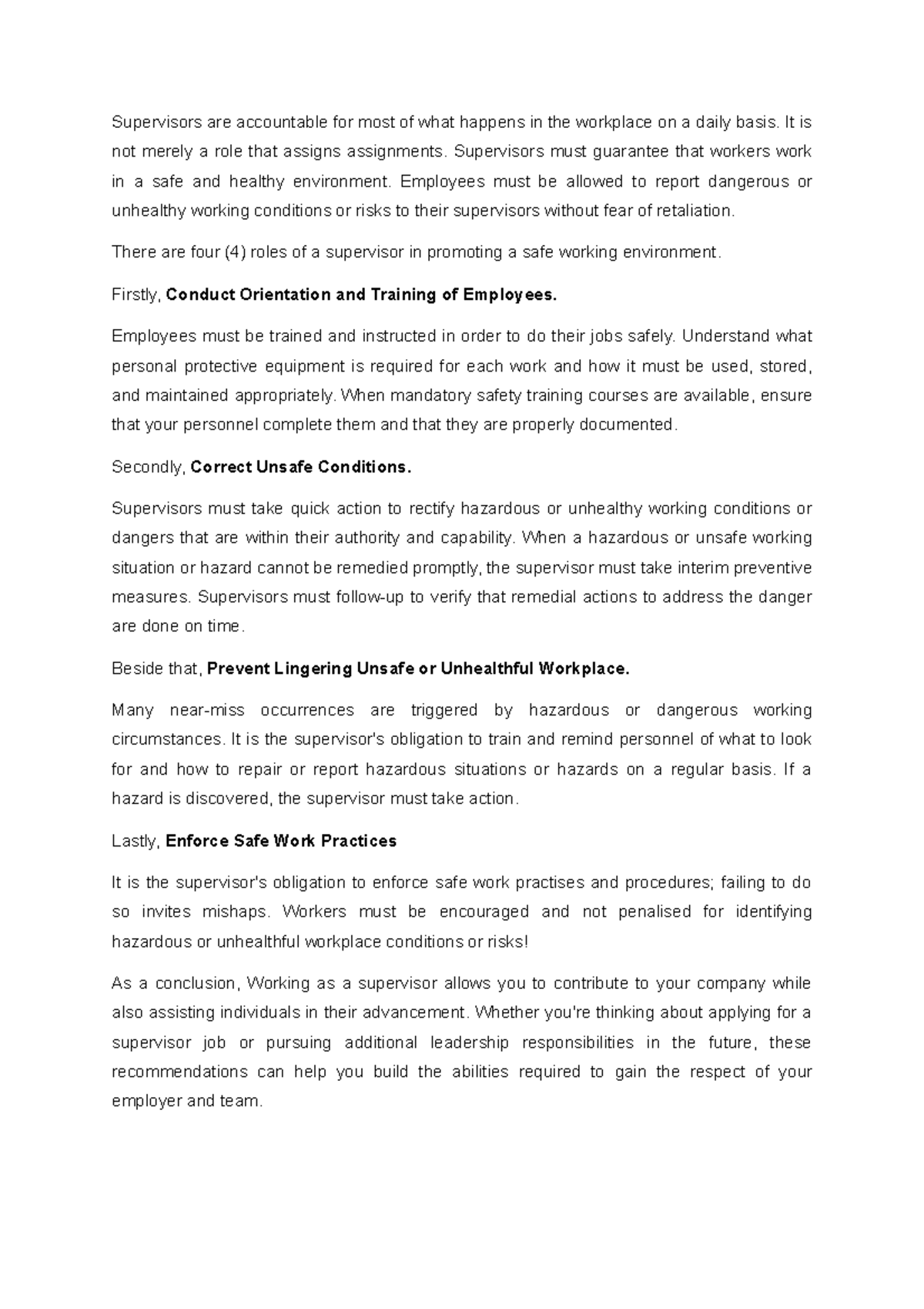 Supervisor role - Supervisors are accountable for most of what happens ...