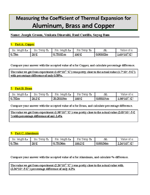 Thermal Expansion Worksheet - Measuring the Coefficient of Thermal ...