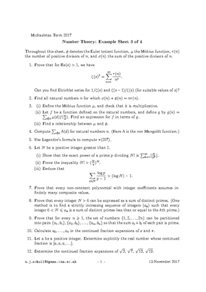 Number Theory 2017-2018 Example Sheet 4 - Michaelmas Term 2017 Number ...