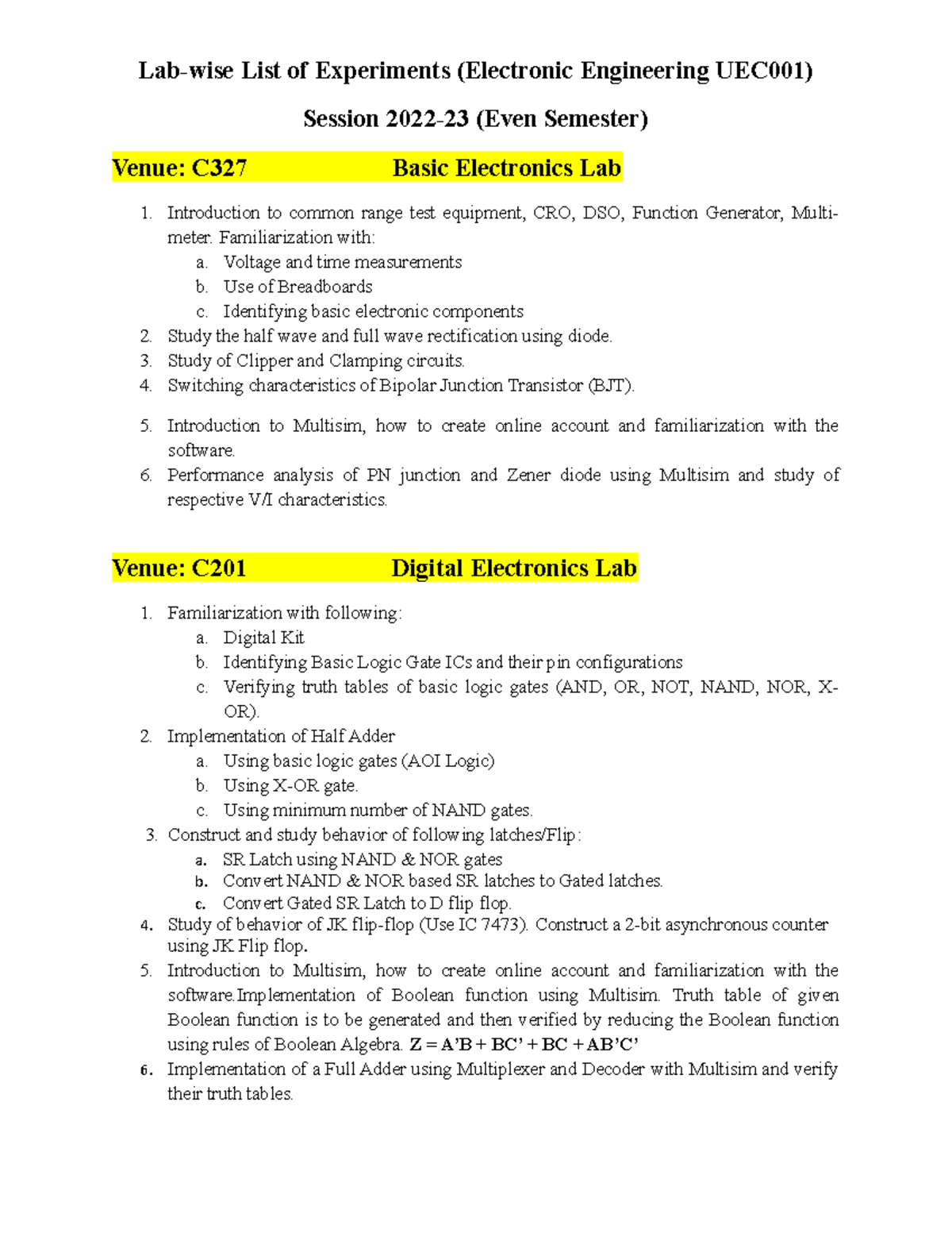List of Experiments UEC001 - Lab-wise List of Experiments (Electronic Engineering UEC001 ...