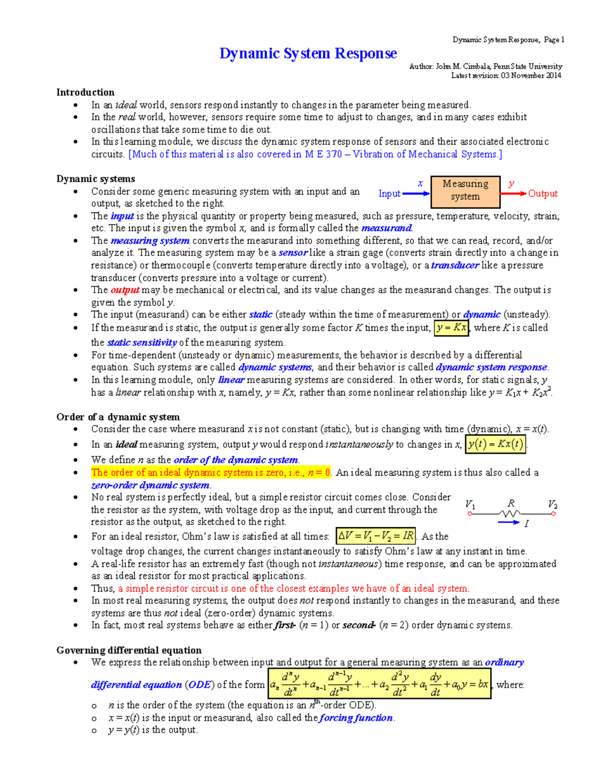 Dynamic systems 4 - notes - Dynamic System Response Author: John M ...