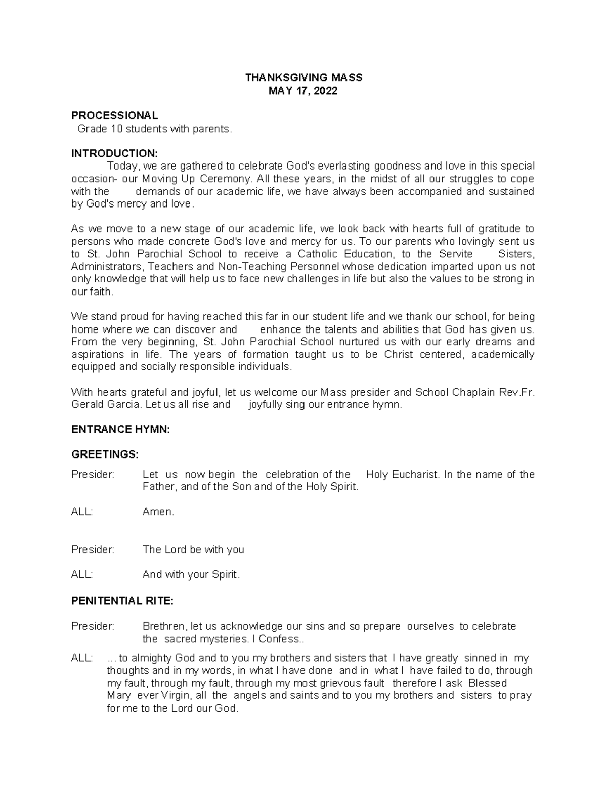 Thanksgiving Mass Grade 10 2022 - THANKSGIVING MASS MAY 17, 2022 ...
