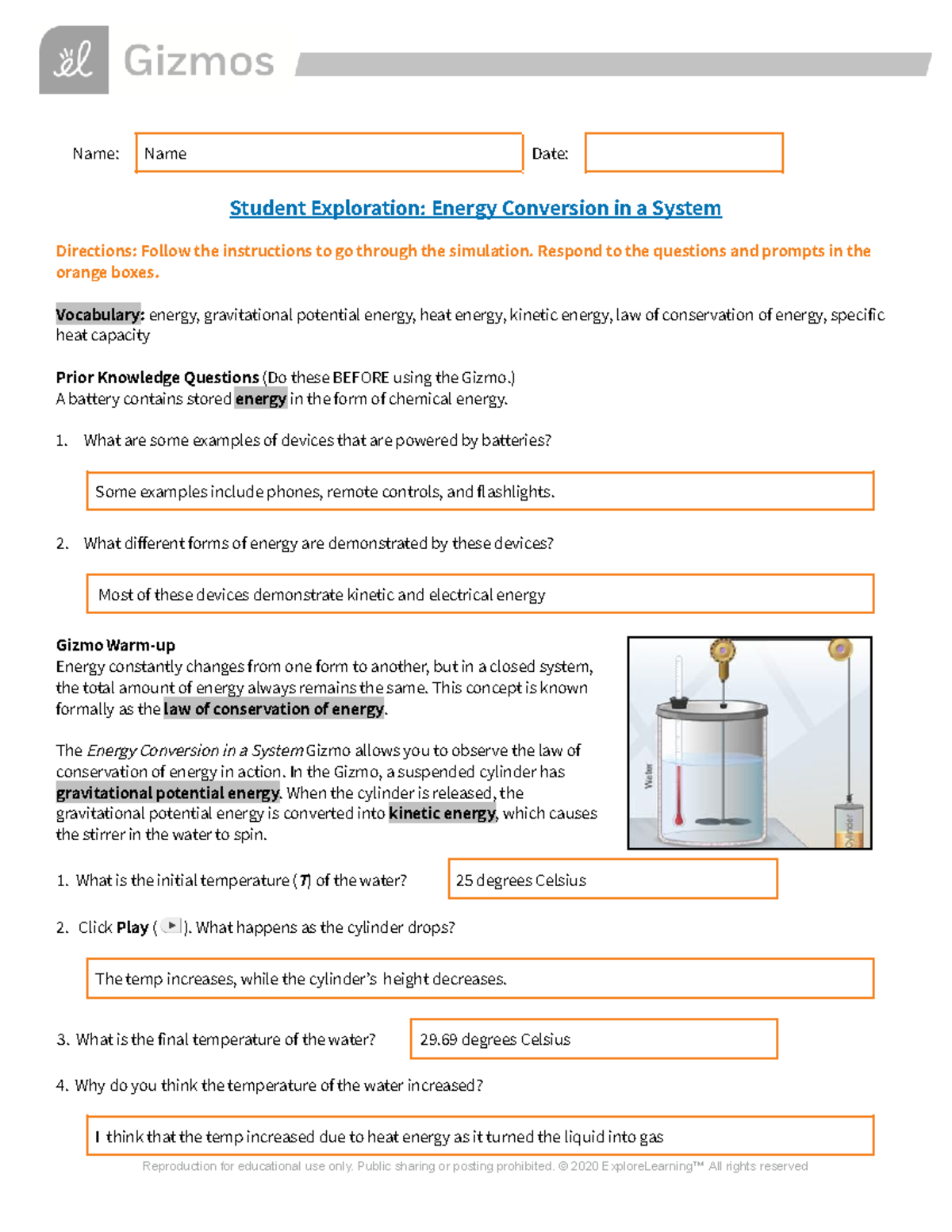 Energy Conversion System Gizmos - Name: Name Date: Student Exploration ...