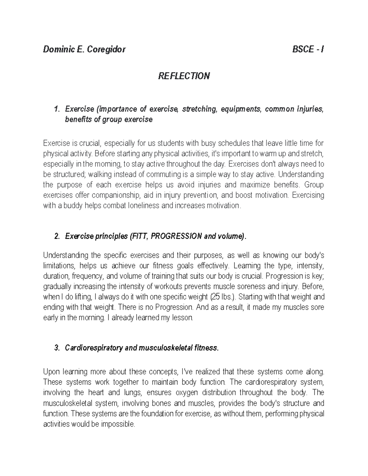 PEH- Reflection - Dominic E. Coregidor BSCE - I REFLECTION Exercise ...