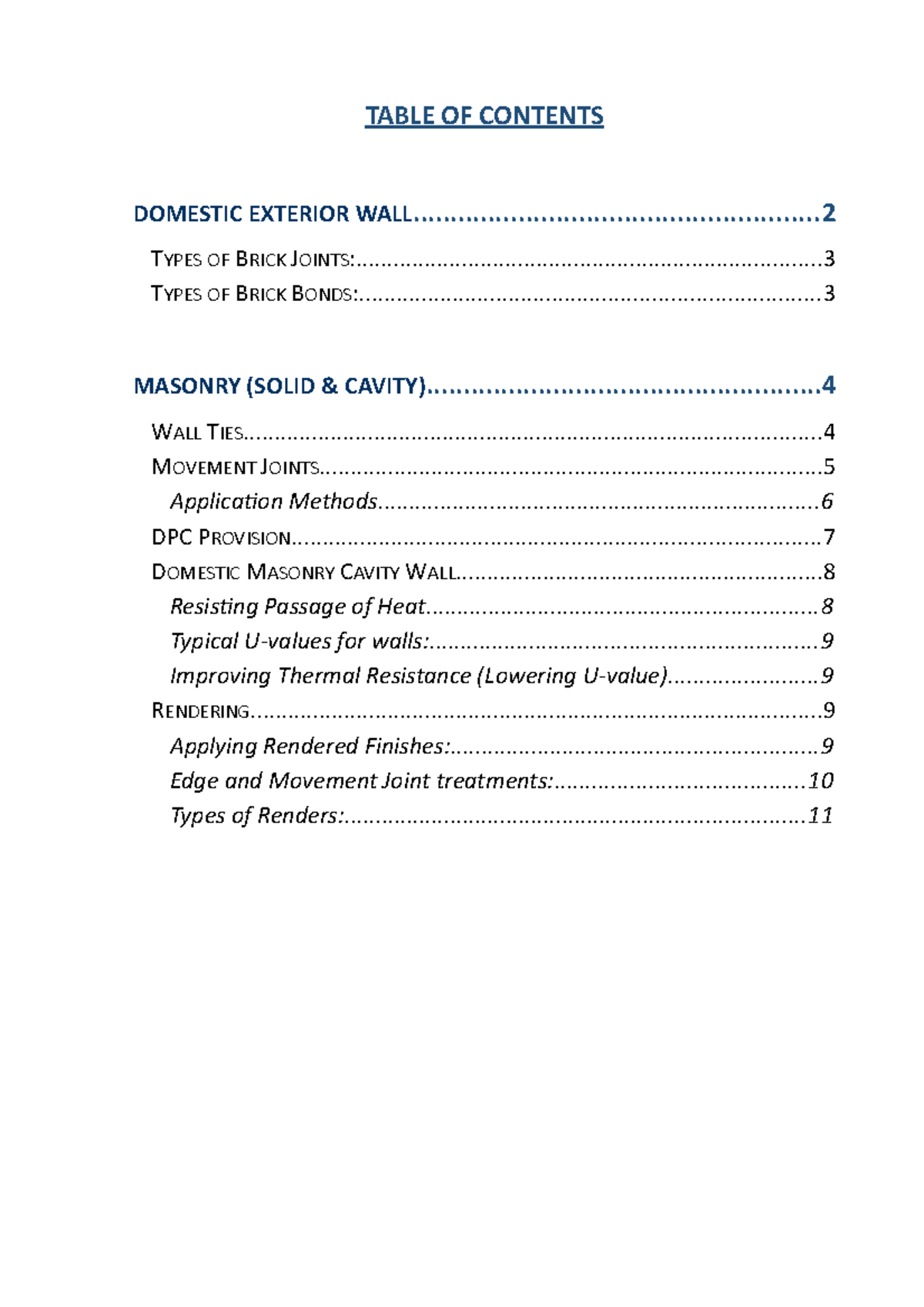 Masonry Walls - Lecture notes 8 - TABLE OF CONTENTS DOMESTIC EXTERIOR ...