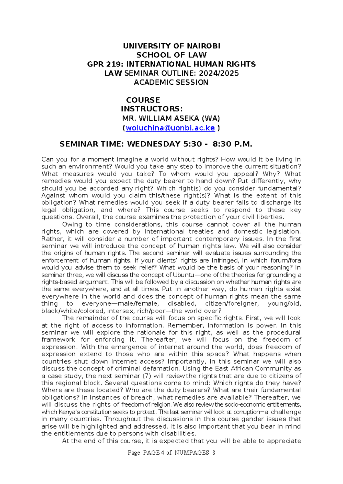 2024 Course Outline IHRL 9 Sept 2024 - UNIVERSITY OF NAIROBI SCHOOL OF ...