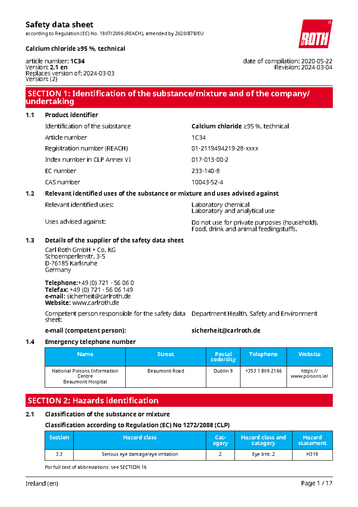 SDS Calcium Chloride - SECTION 1: Identification of the substance ...