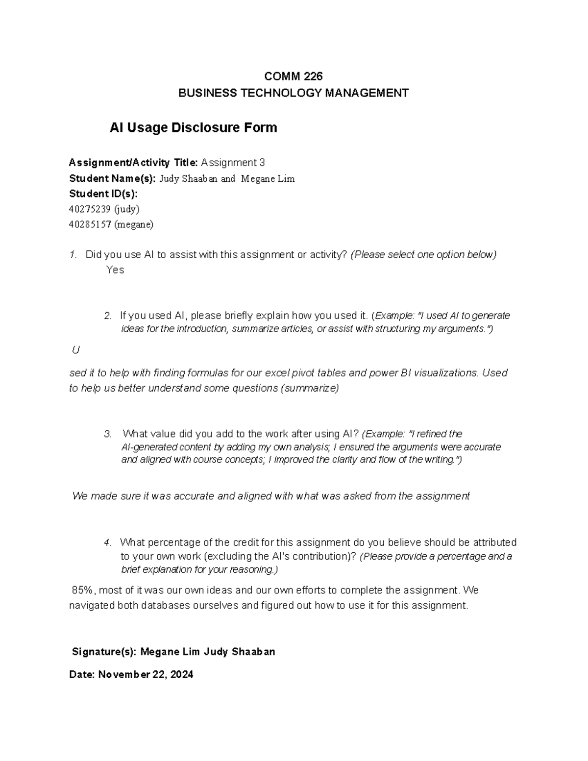 AI Usage Disclosure Form - COMM 226 BUSINESS TECHNOLOGY MANAGEMENT AI ...