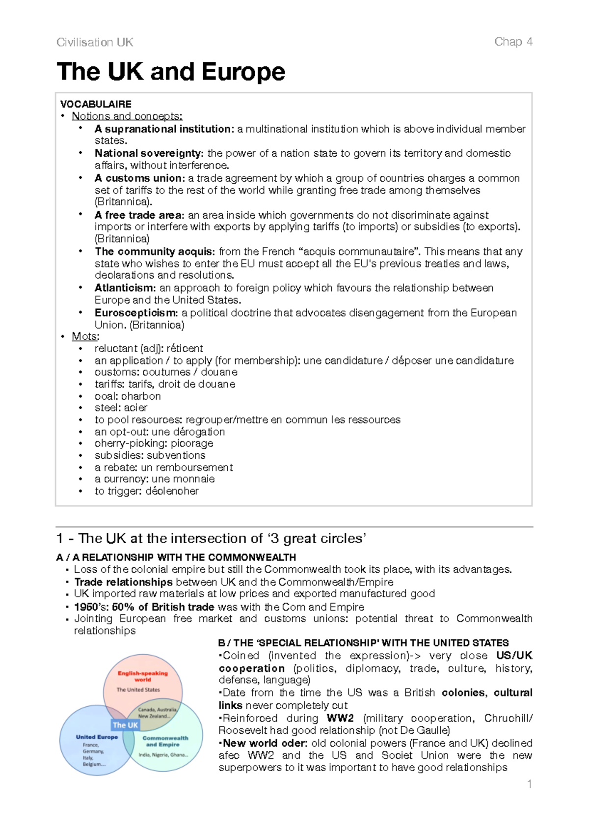 4 - The UK and Europe - Notes de cours 4 - Civilisation UK Chap 4 The ...