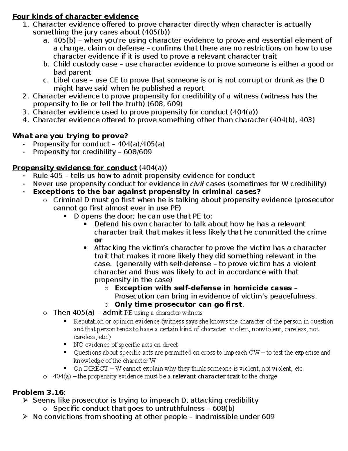 Character Evidence Class notes - Four kinds of character evidence 1 ...