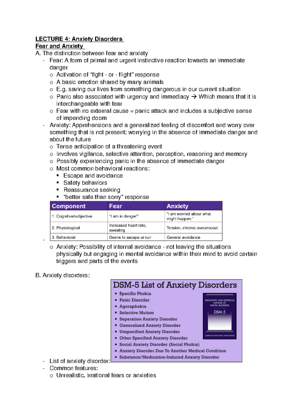 Lecture 4 - LECTURE 4: Anxiety Disorders Fear and Anxiety A. The ...