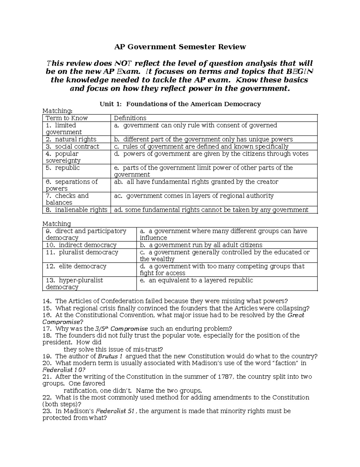 AP Go Po Midterm Review Guide - AP Government Semester Review This ...