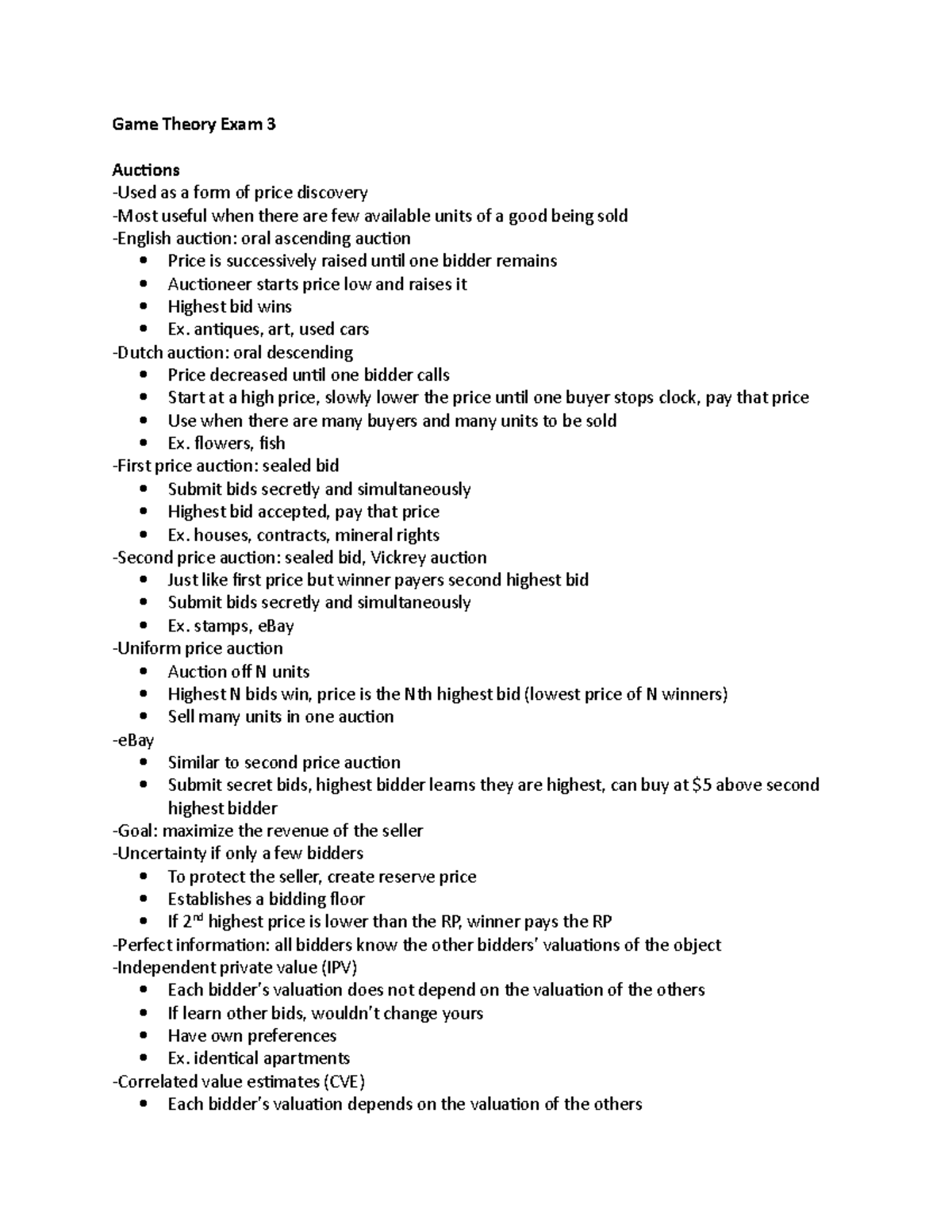 Game Theory Exam 3 - antiques, art, used cars -Dutch auction: oral ...
