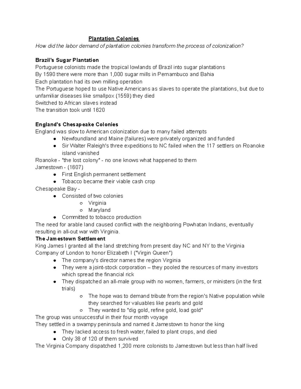 Chapter 2 part 2 - Plantation Colonies How did the labor demand of ...