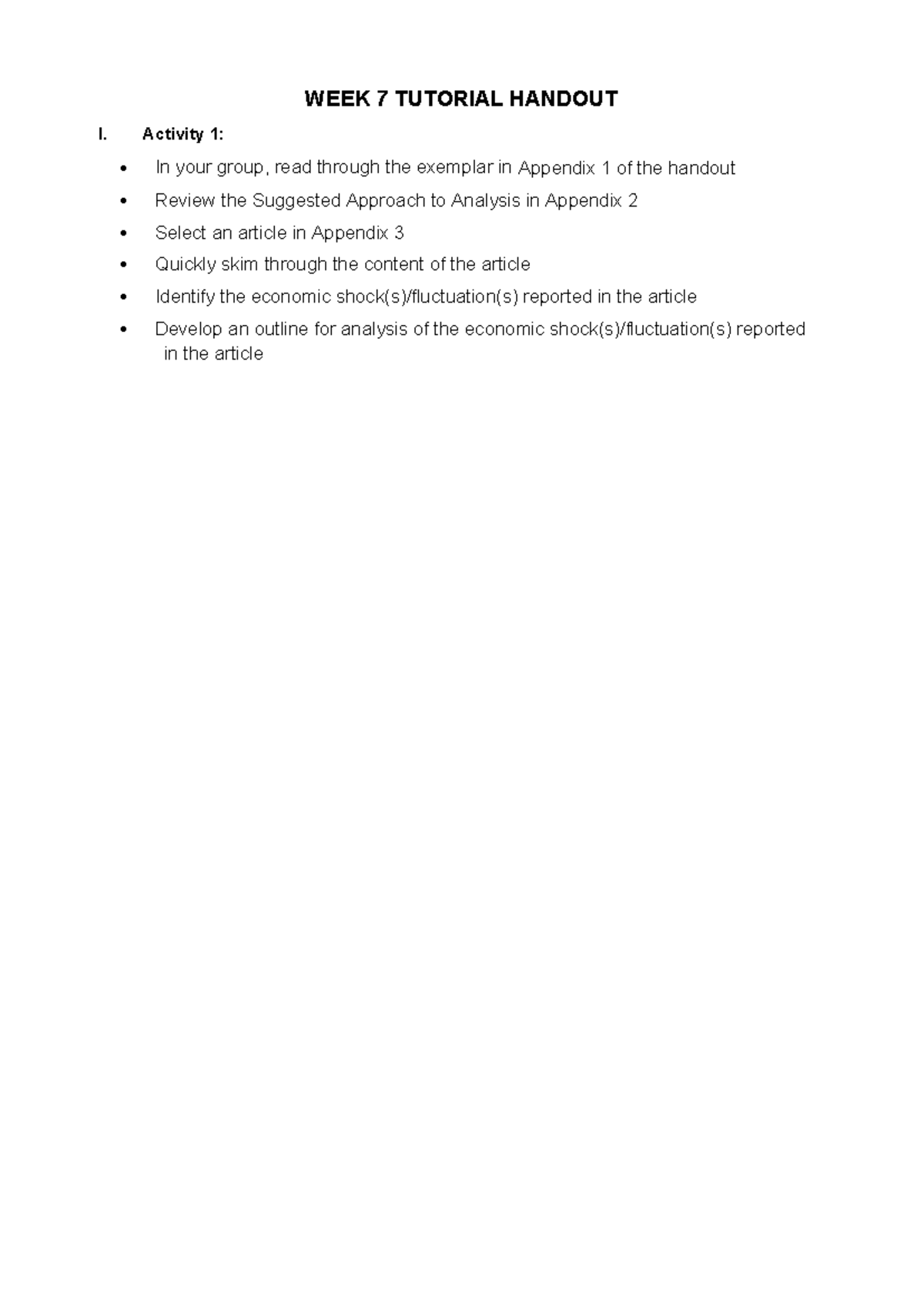 Week 7 Tutorial Handout Week 7 Tutorial Handout I Activity 1 In Your Group Read Through The