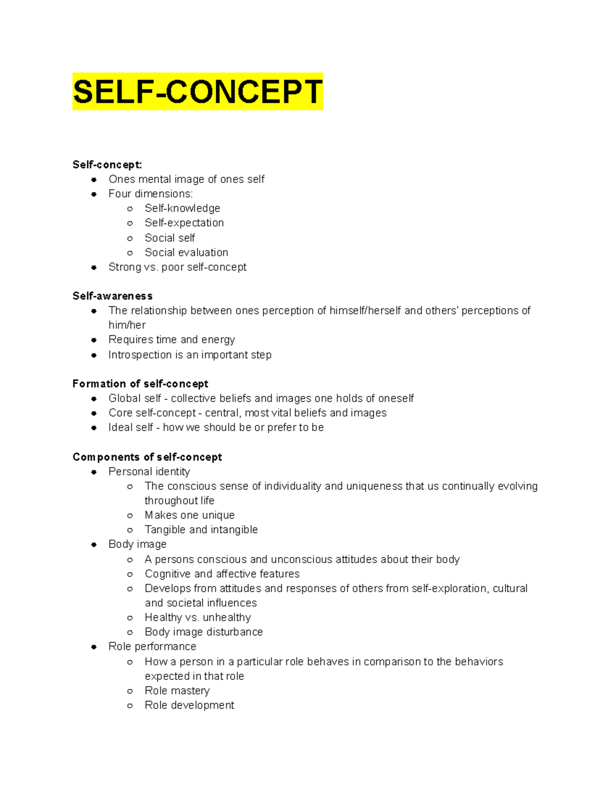 SELF- Concept - lecture notes on The way one views themselves and how ...