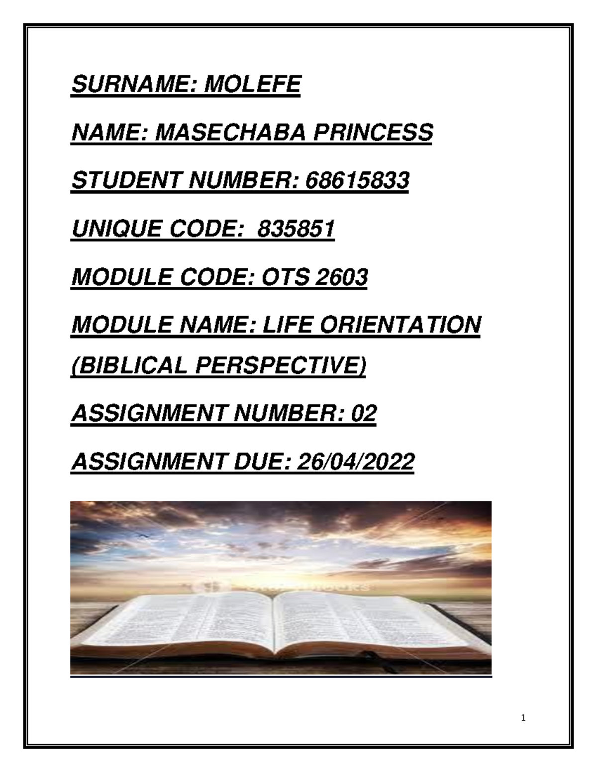 LIFE ORIENTATION BIBLICAL PERSPECTIVE - SURNAME: MOLEFE NAME: MASECHABA ...