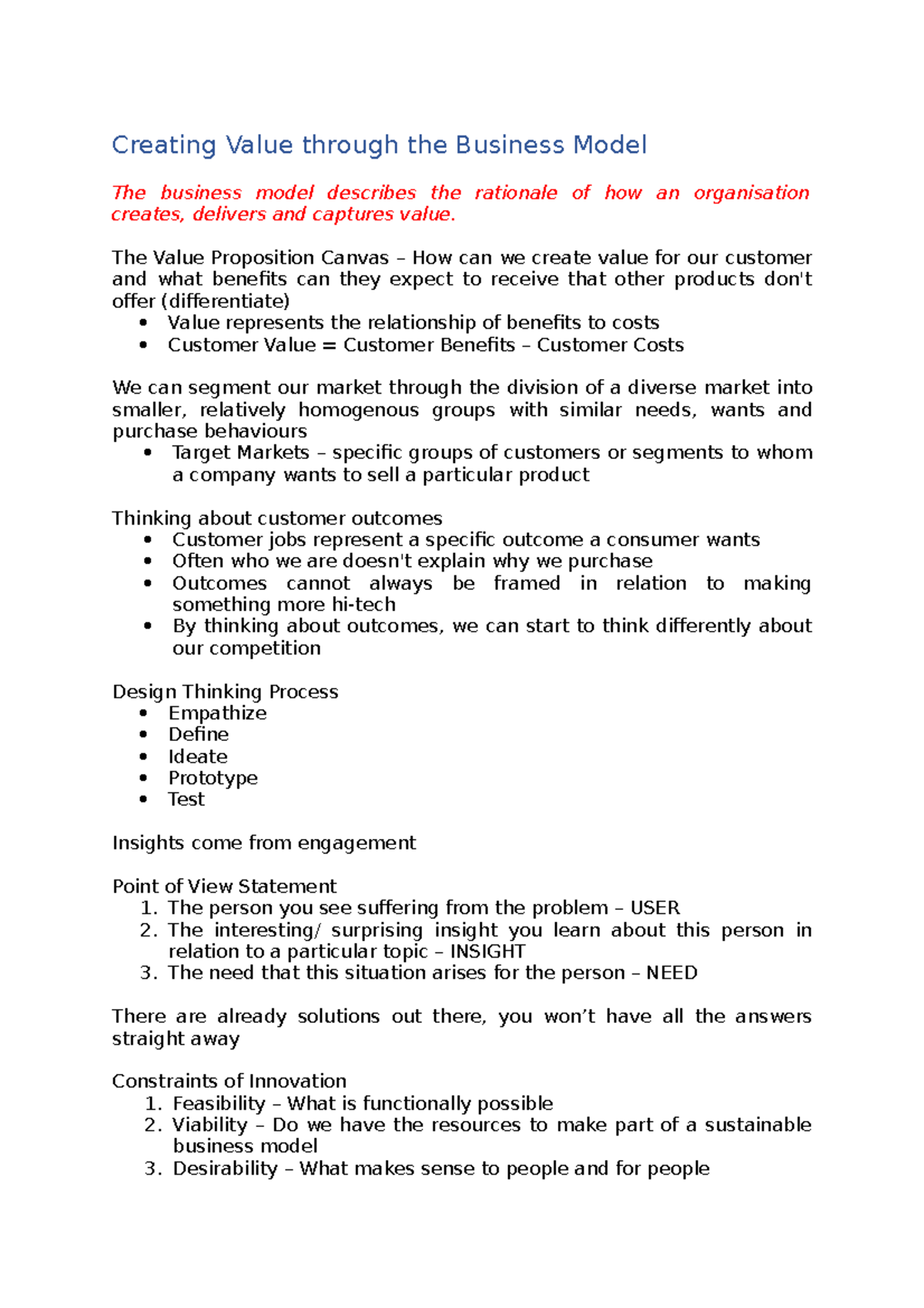 Week 3 Lecture - Creating Value through the Business Model The business ...