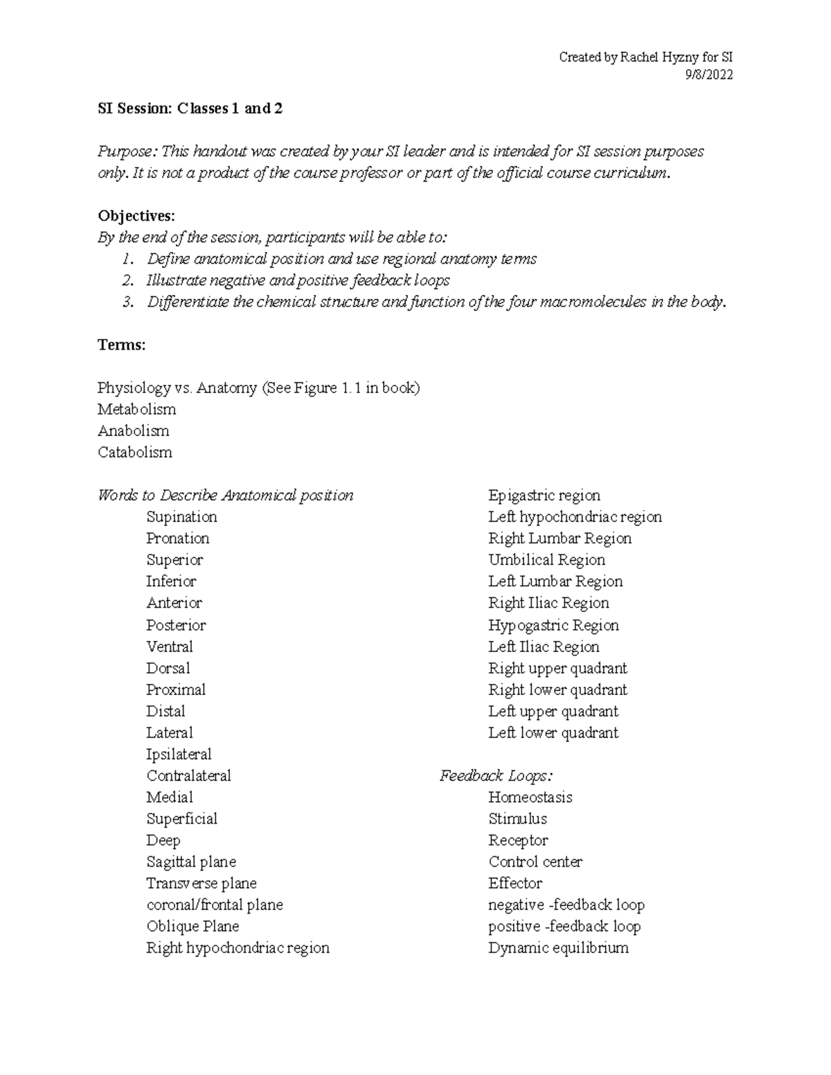 SI Session 9 8 - Classes 1+2 - 9/8/ SI Session: Classes 1 and 2 Purpose ...