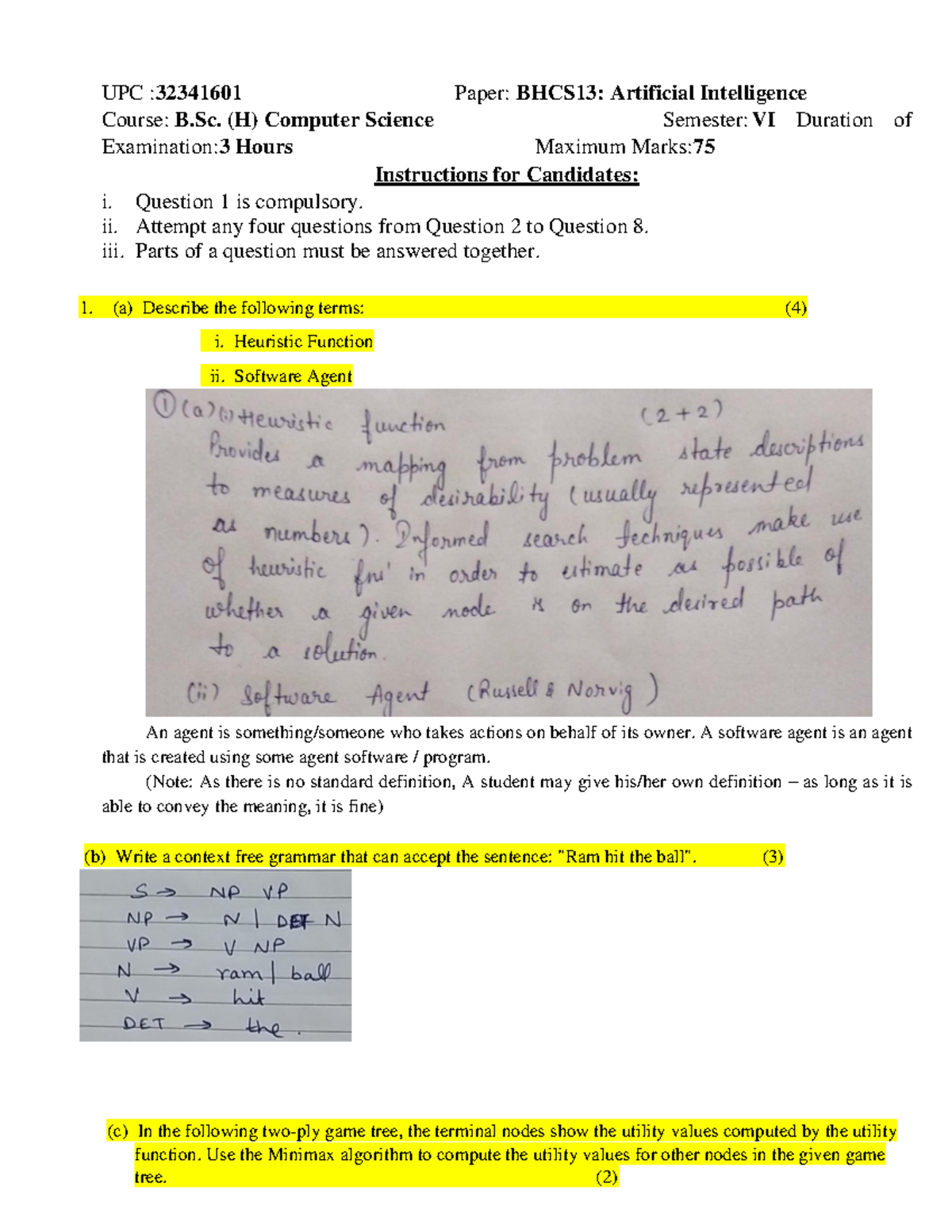 PYQ 2022 Solved - UPC : 32341601 Paper: BHCS13: Artificial Intelligence ...