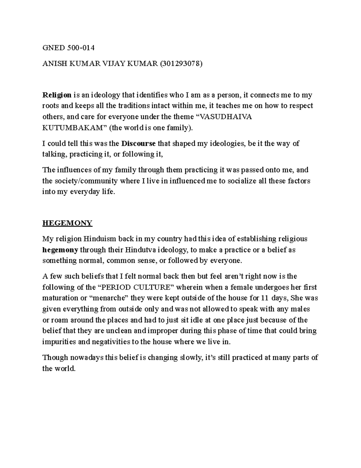 GNED 500- reflection assignment - GNED 500- ANISH KUMAR VIJAY KUMAR ...