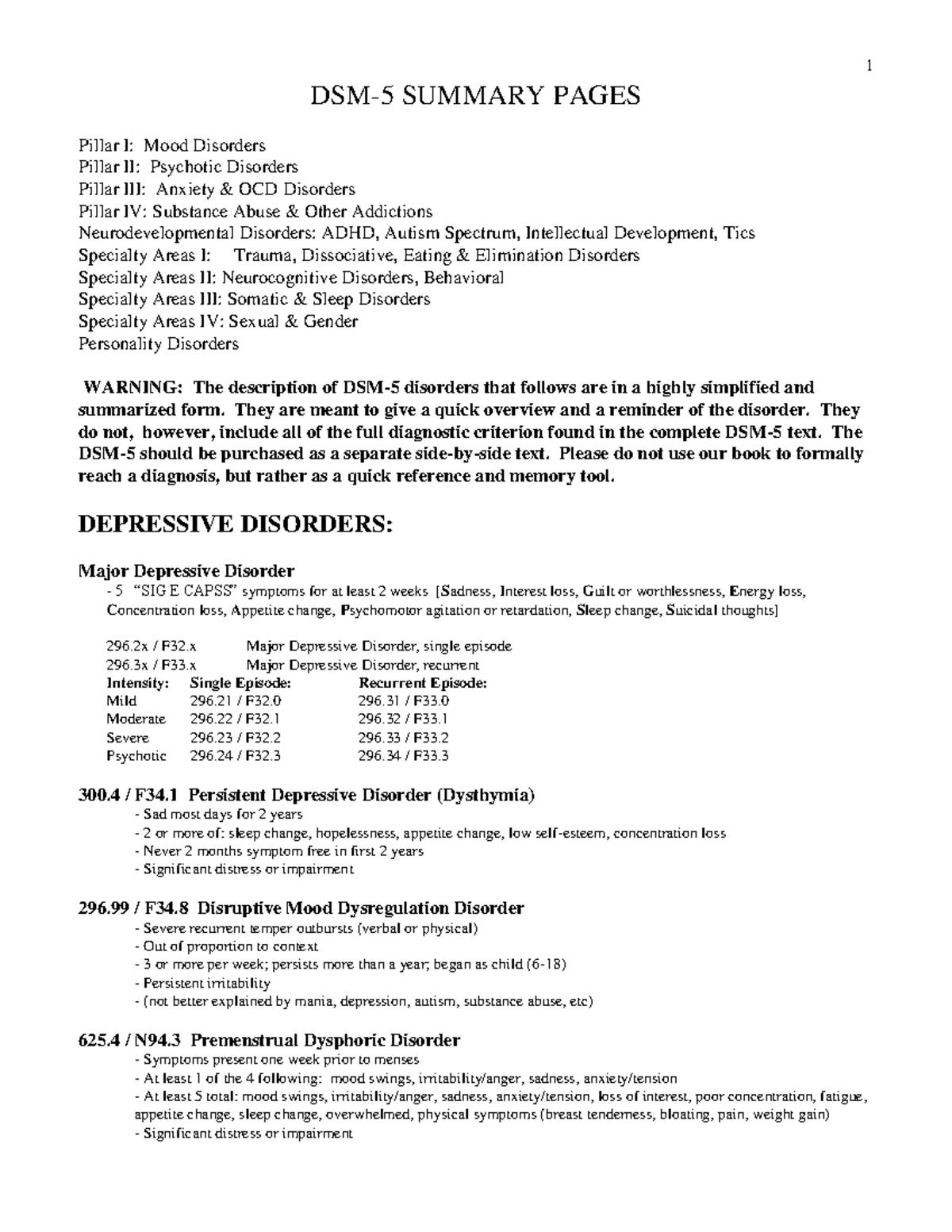 DSM5-Summary - DSM5-Summary - DSM-5 SUMMARY PAGES Pillar I: Mood Disorders Pillar II: Psychotic ...