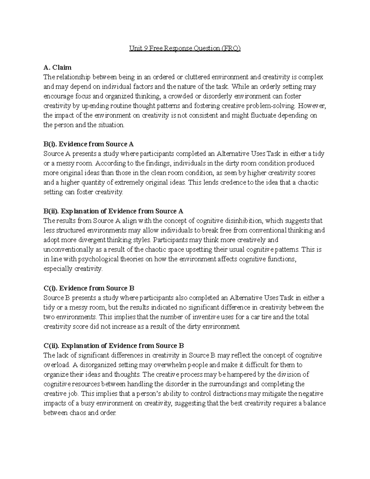 Unit 9 Free Response Question (FRQ) - Claim The relationship between ...
