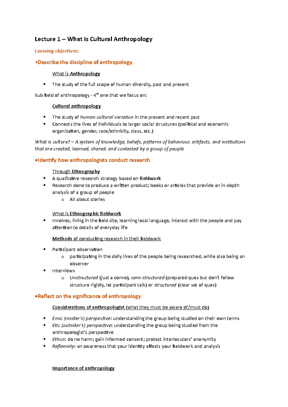 Mid term notes - Lecture 1 – What is Cultural Anthropology Learning ...
