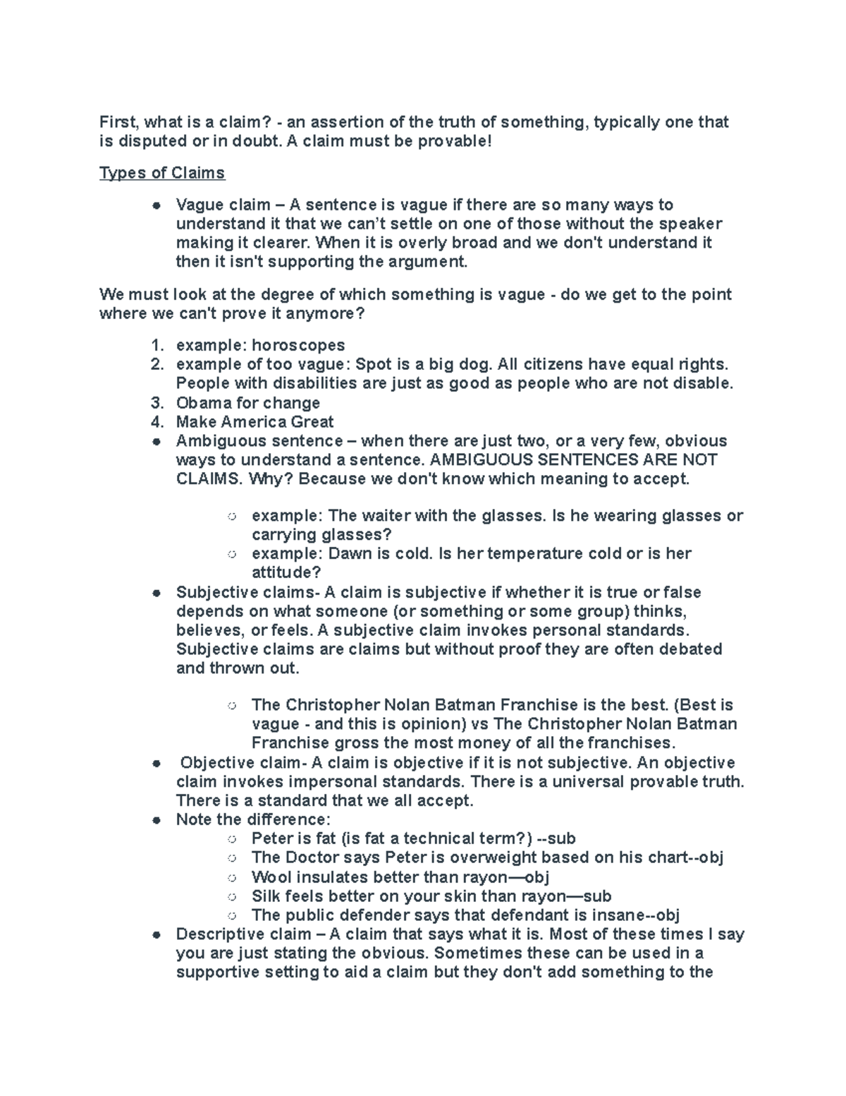 Claims Lecture Notes - First, what is a claim? - an assertion of the ...
