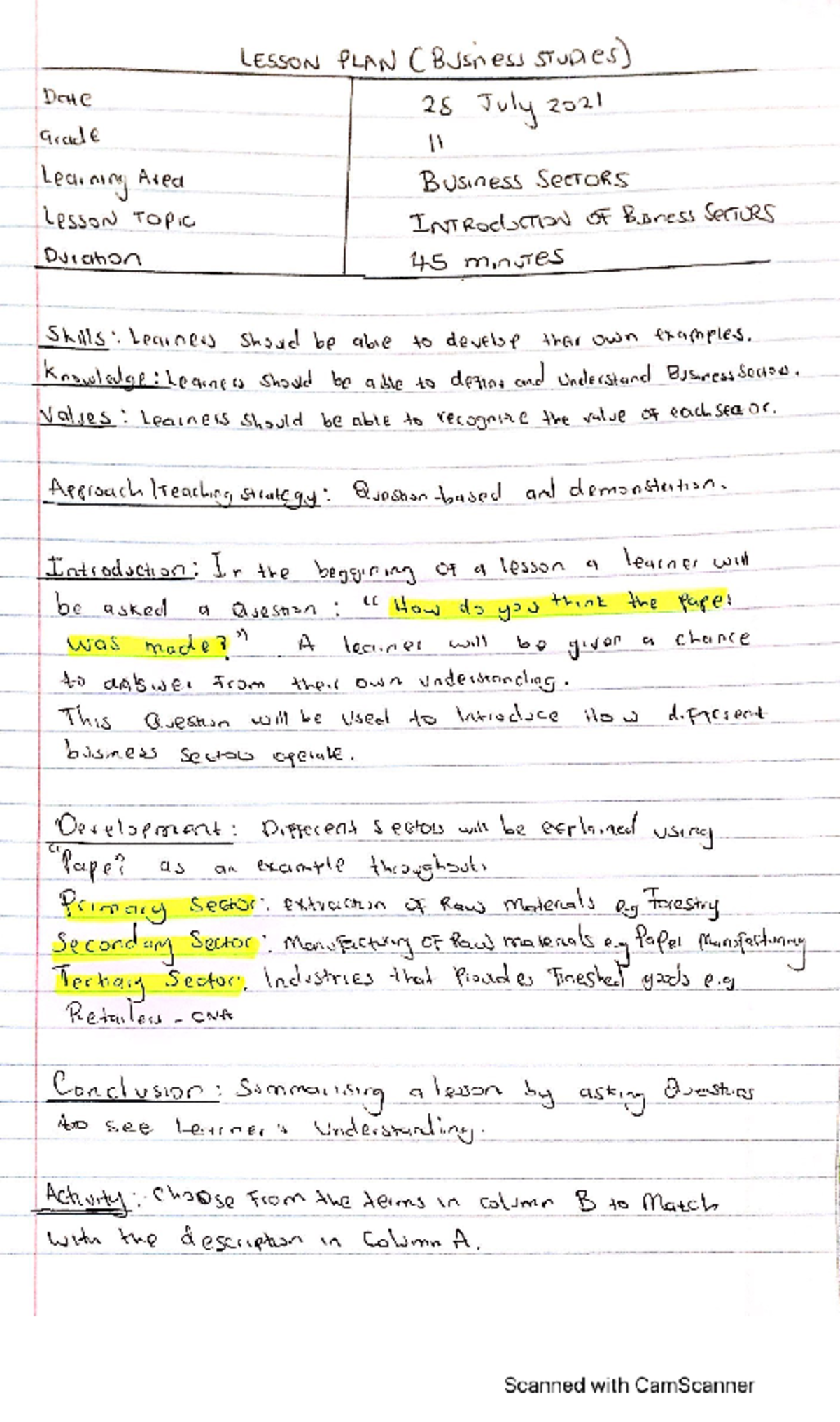 Lesson Plan for business studies: introduction to business sectors ...