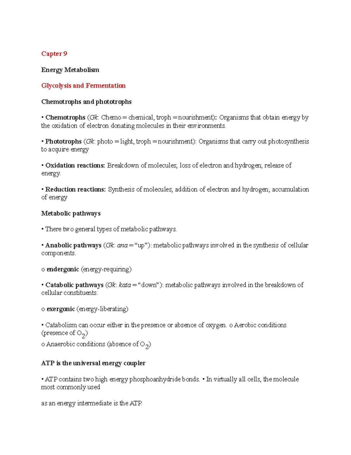 Cell Biology Chapter 9 - Lecture notes 9 - Capter 9 Energy Metabolism ...
