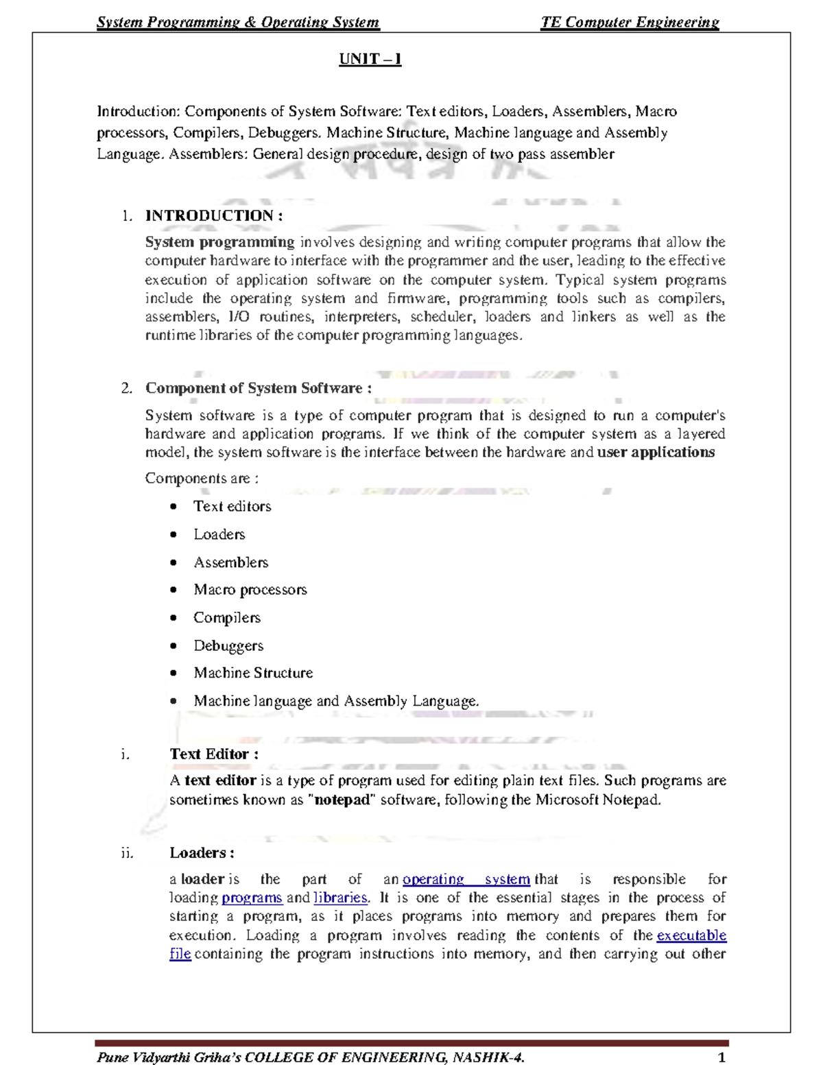 Unit 1 spos notes - UNIT – I Introduction: Components of System ...