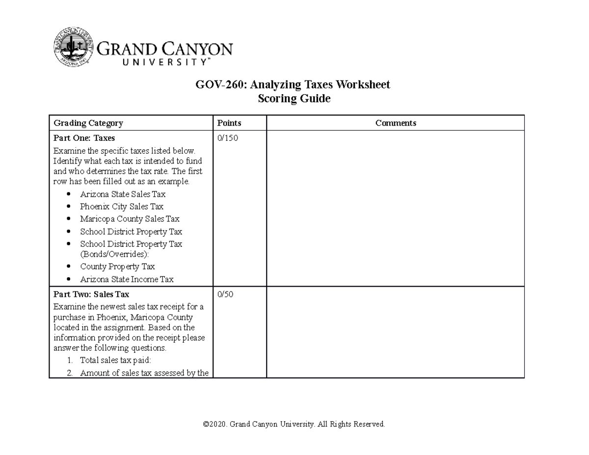 GOV 260 Scoring Guide Analyzing Tax Worksheet - GOV-260: Analyzing ...