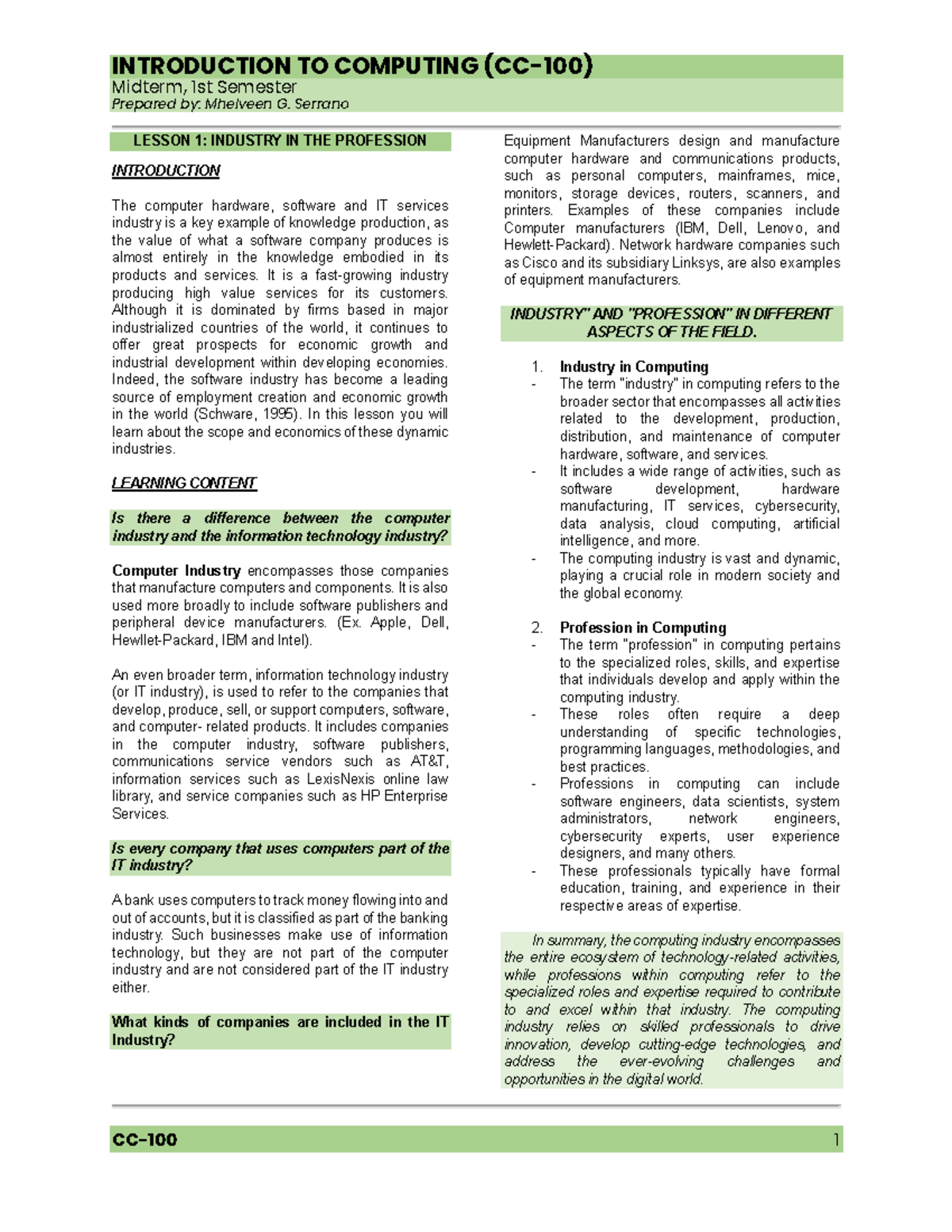 CC-100-Reviewer - REVIEWER - INTRODUCTION TO COMPUTING (CC- 100 ...