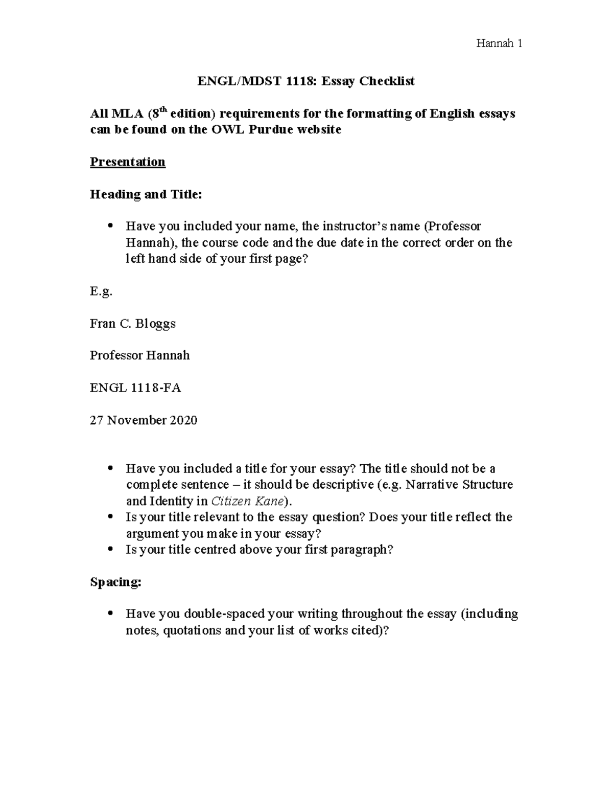 Essay Checklist 2020 ENGL-MDST-1118 - Hannah 1 ENGL/MDST 1118: Essay ...