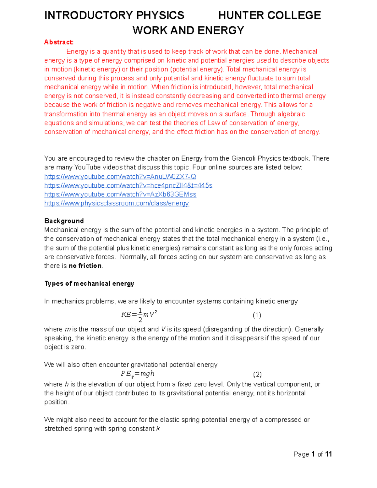 phys 110 Lab 5 Energy - INTRODUCTORY PHYSICS HUNTER COLLEGE WORK AND ...
