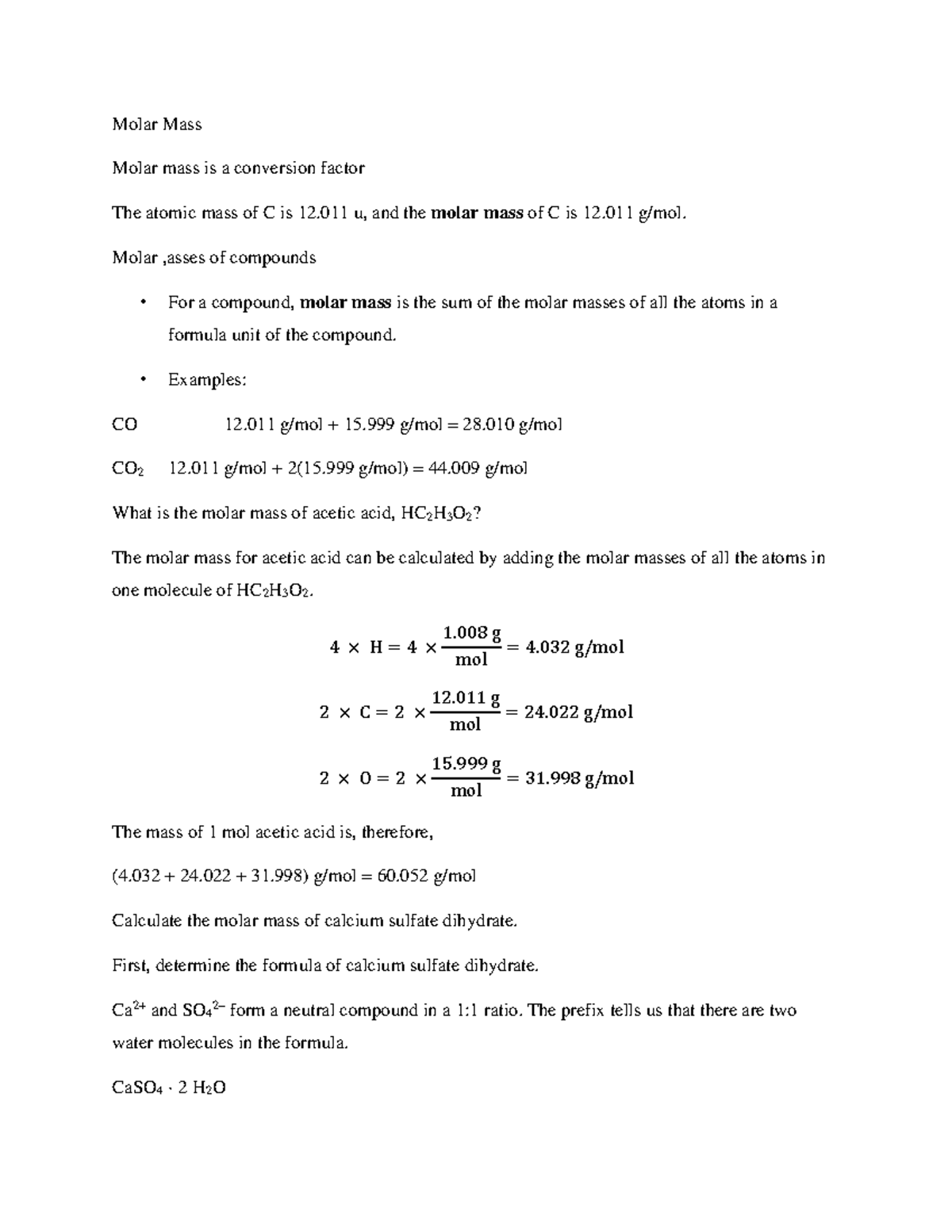 Molar Mass - lecture notes important points - Molar Mass Molar mass is ...