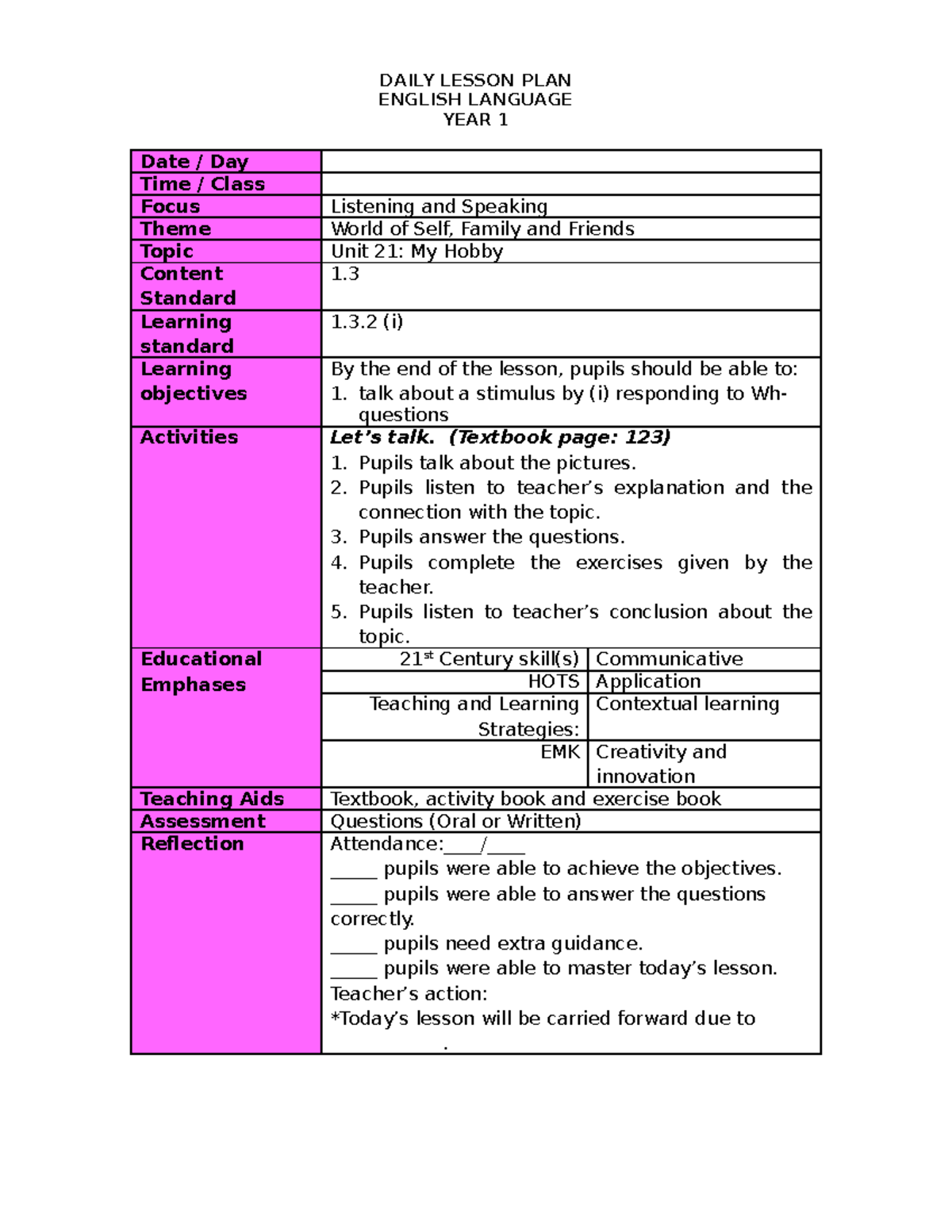 21 - 32432141 - DAILY LESSON PLAN ENGLISH LANGUAGE YEAR 1 Date / Day ...