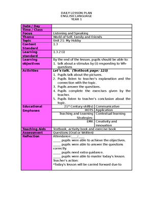 RPH BI YEAR 2 (LP1-11 Phonic) - DAILY LESSON PLAN YEAR 2 SUBJECT English Language YEAR 2 DAY ...