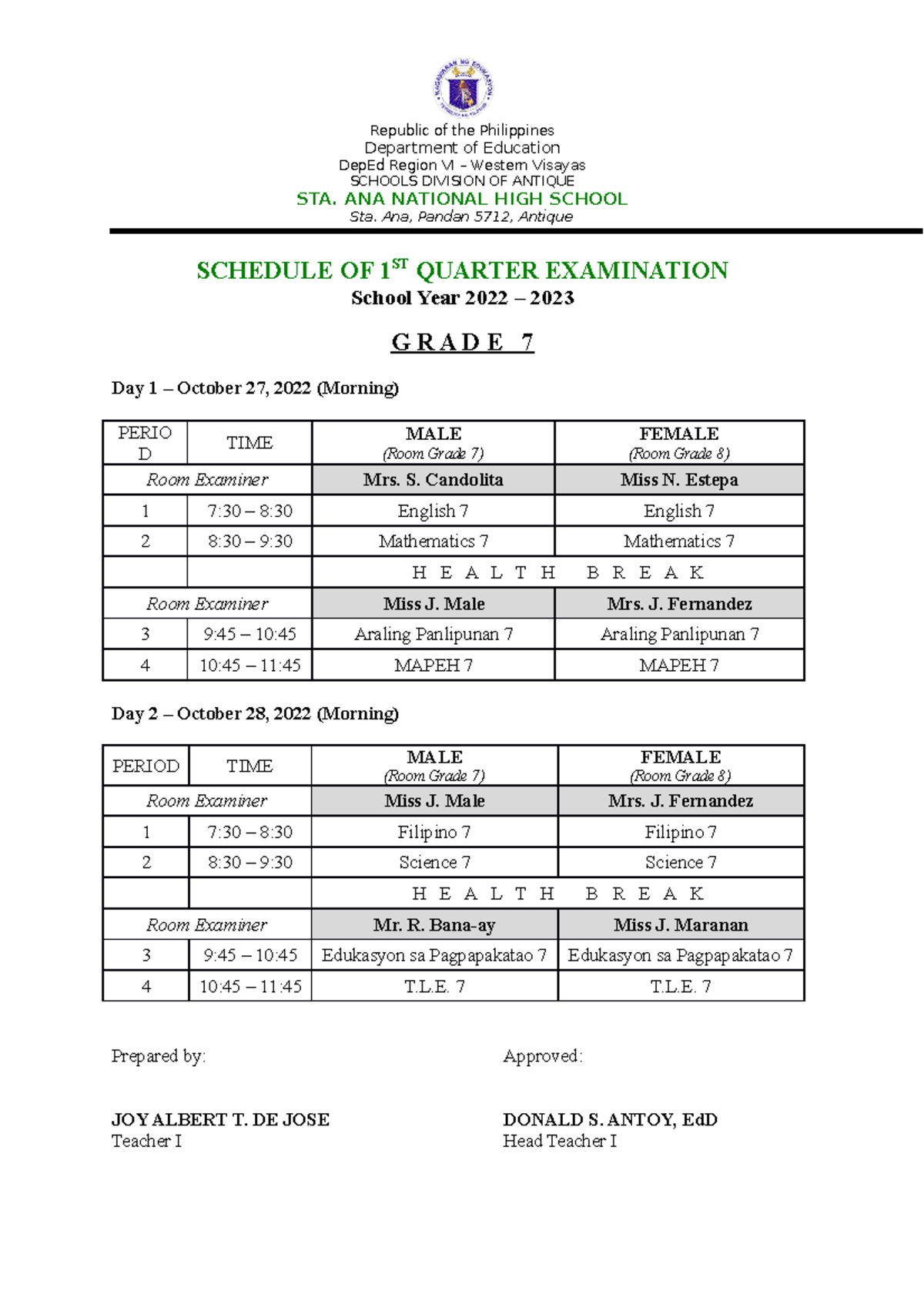 Schedule OF 1ST Quarter Examination - Department of Education DepEd ...