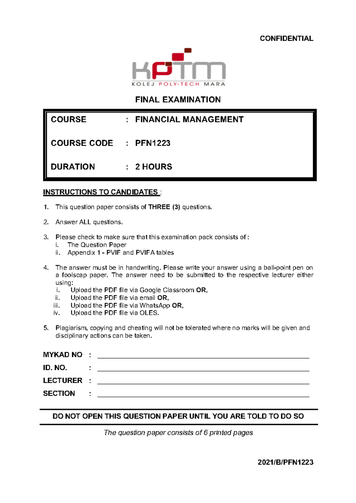 Question SEPT21 - Good - FINAL EXAMINATION INSTRUCTIONS TO CANDIDATES ...