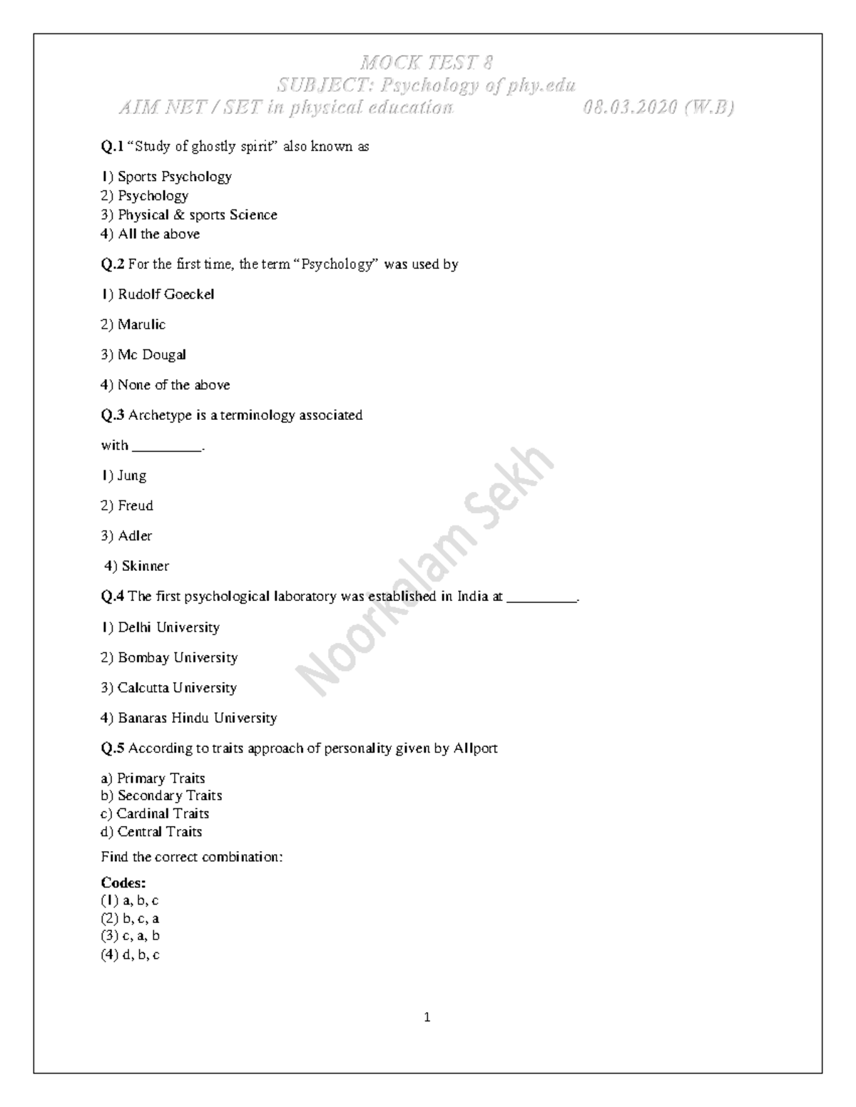 MOCK TEST 8 - Exercise purpose only - SUBJECT: Psychology of phy AIM ...