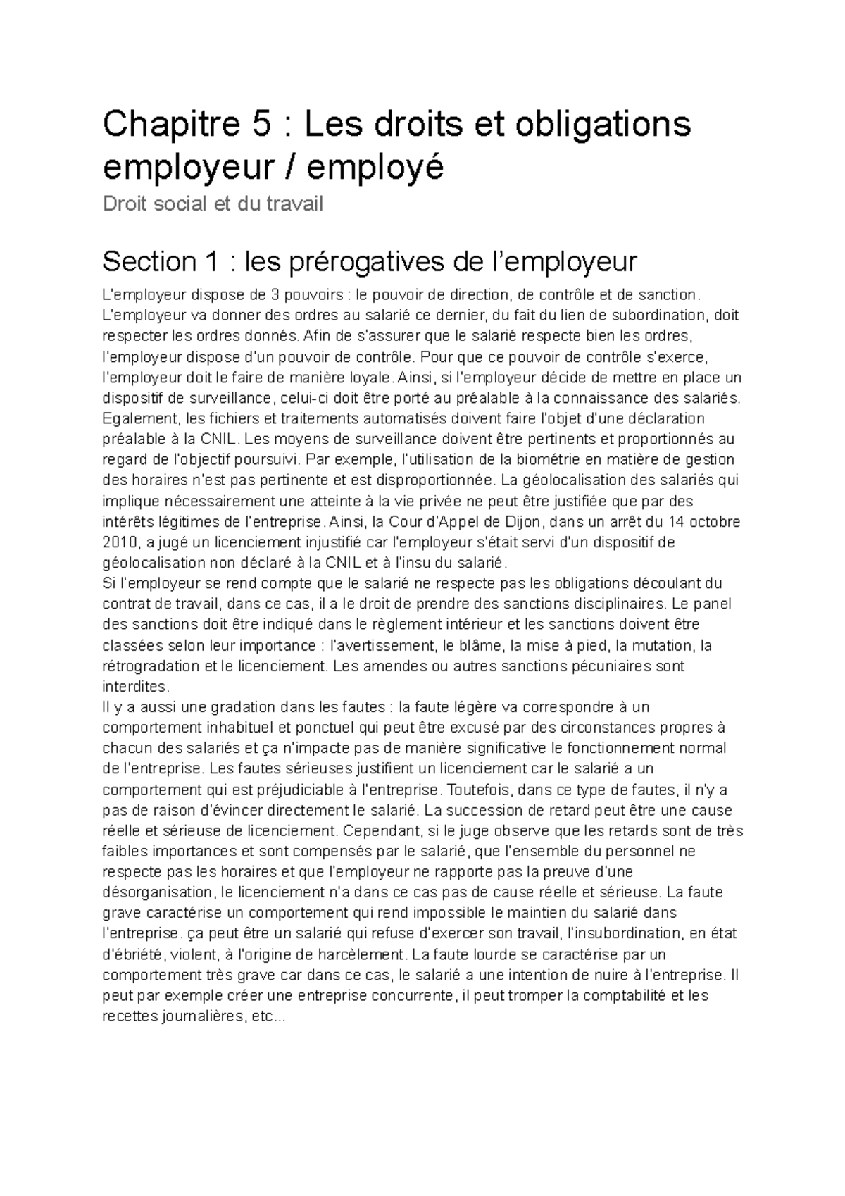 Chapitre 5 - Les droits et obligations employeur / employé - Chapitre 5 : Les droits et ...
