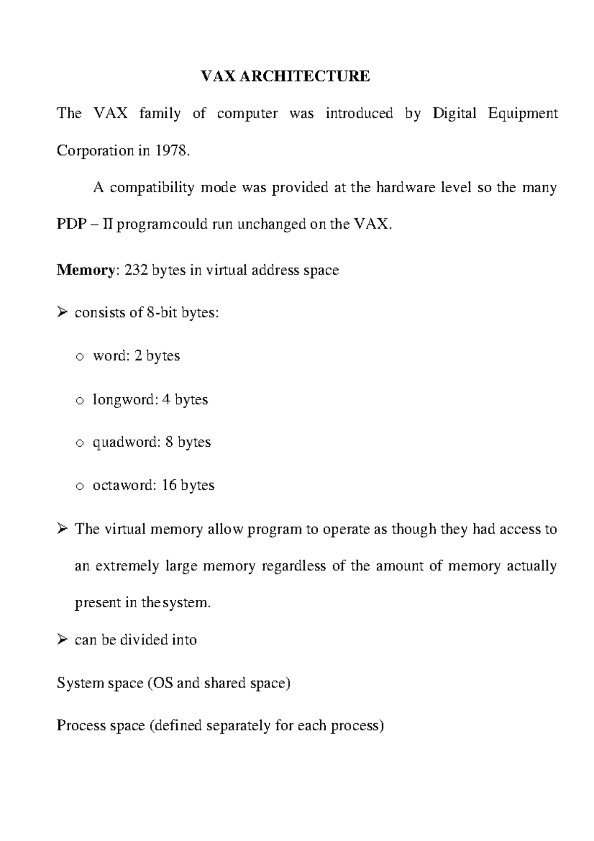 VAX Architecture - VAX ARCHITECTURE The VAX family of computer was ...