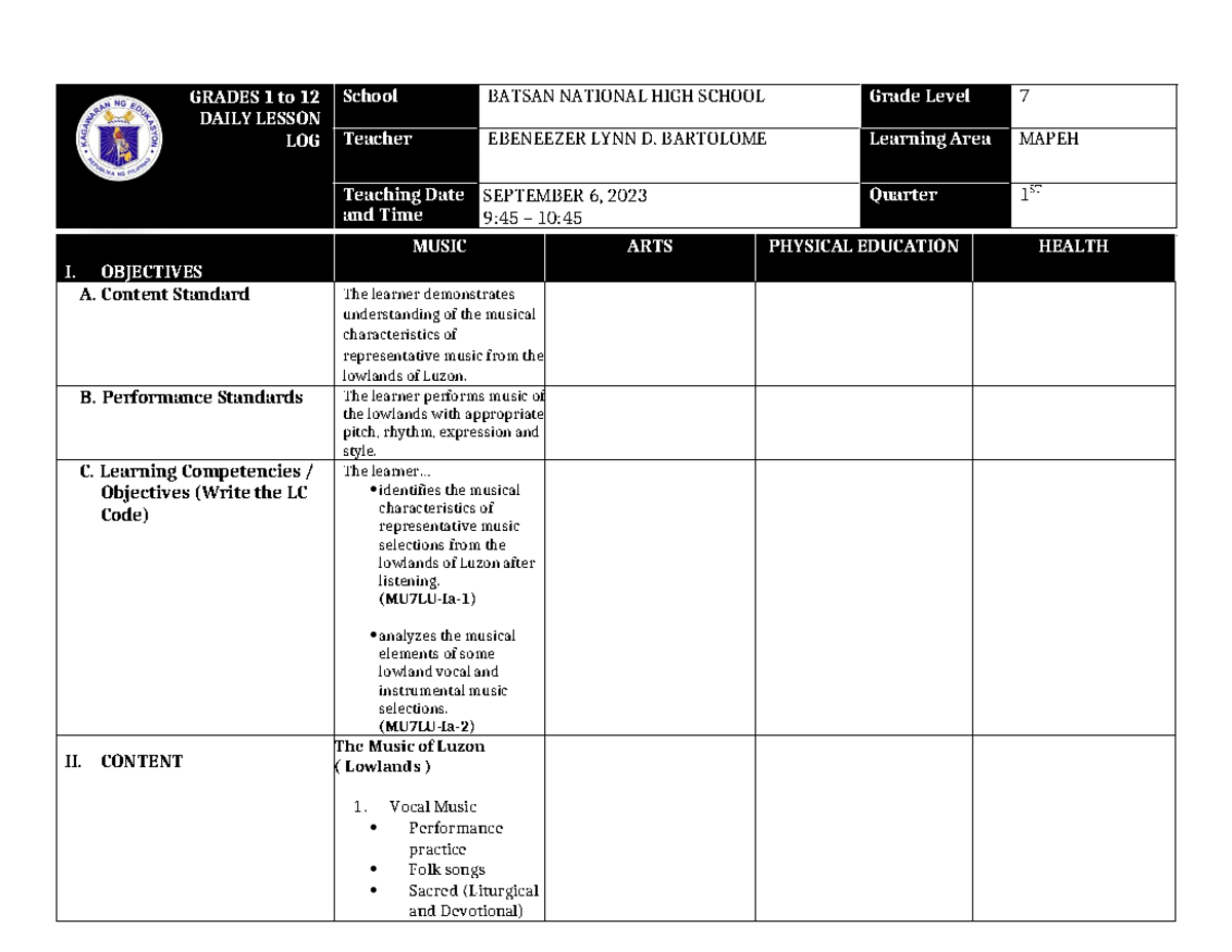Dll-template - 123 - GRADES 1 to 12 DAILY LESSON LOG School BATSAN ...