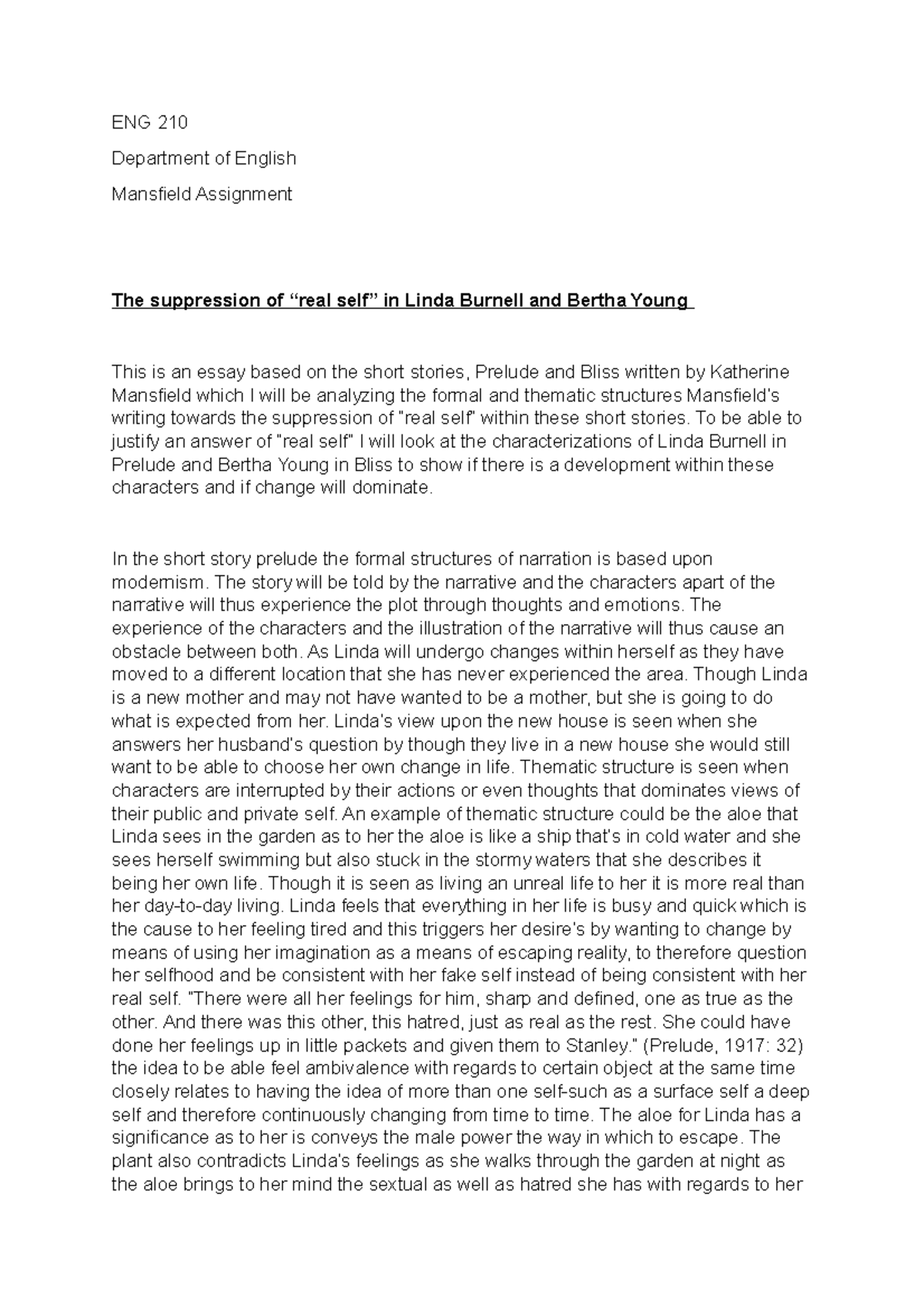 Mansfield assignment - ENG 210 Department of English Mansfield ...